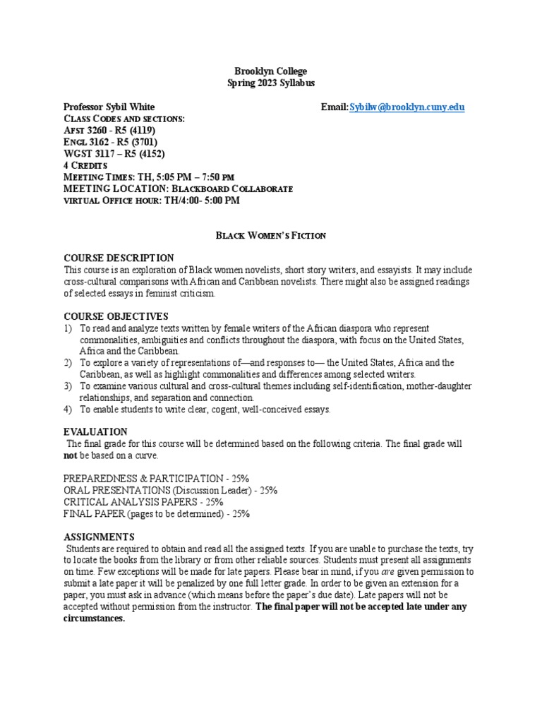 Syllabus - Brooklyn College - Black Women's Fiction - Africana Studies - Spring 23 | PDF ...