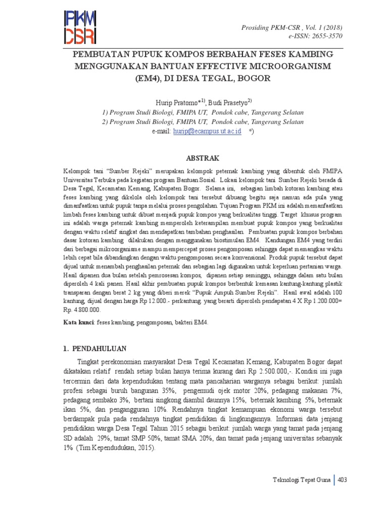 Pembuatan Pupuk Kompos Berbahan Feses Kambing Menggunakan Bantuan Effective Microorganism (Em4 ...