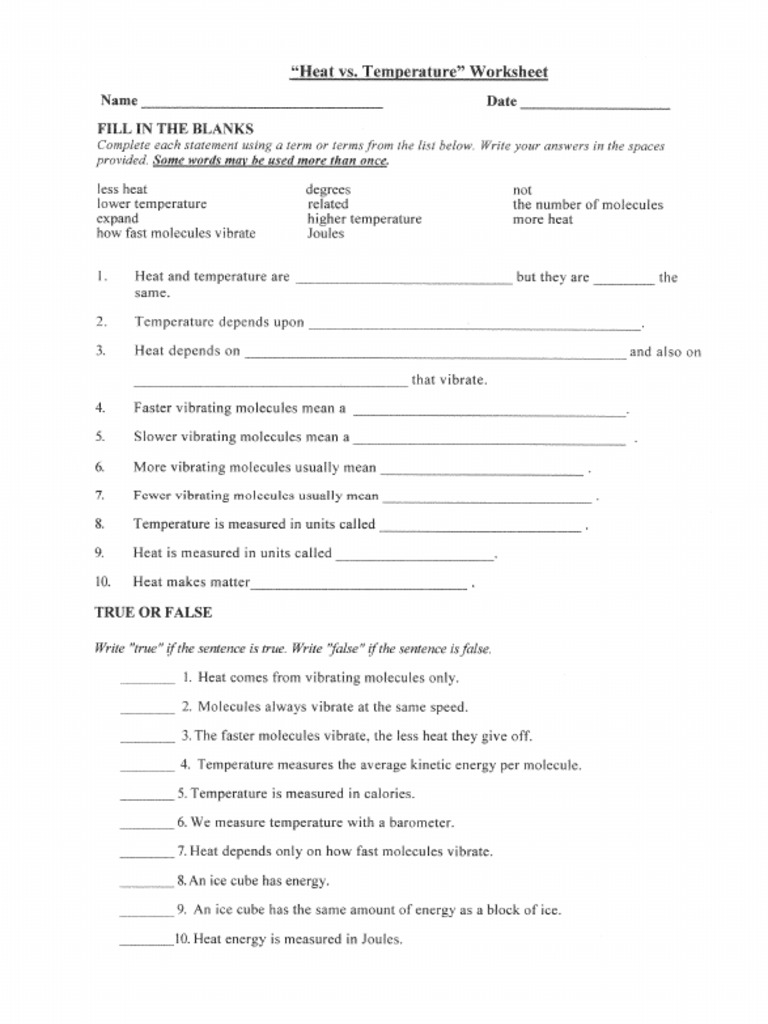 Heat Vs Temp Worksheet | PDF
