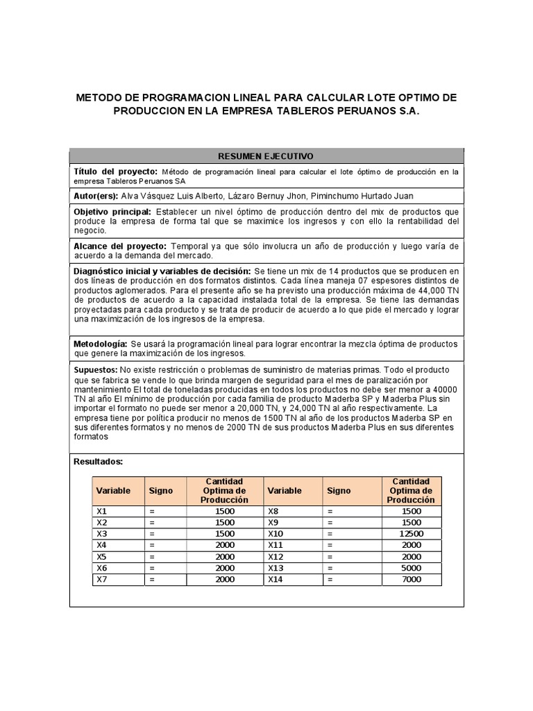 Cálculo del Lote Óptimo de Producción | PDF | Programación lineal ...