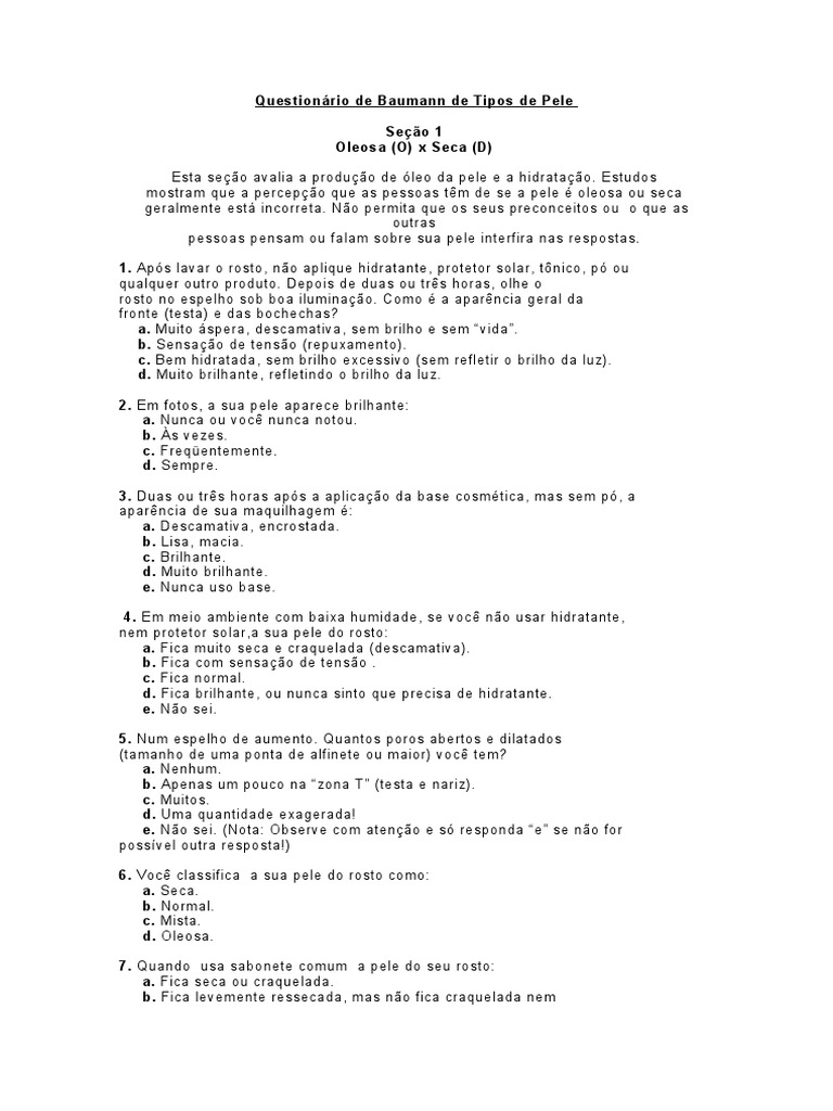 Questionário de Baumann para Tipos de Pele | PDF | Dermatite | Alergia