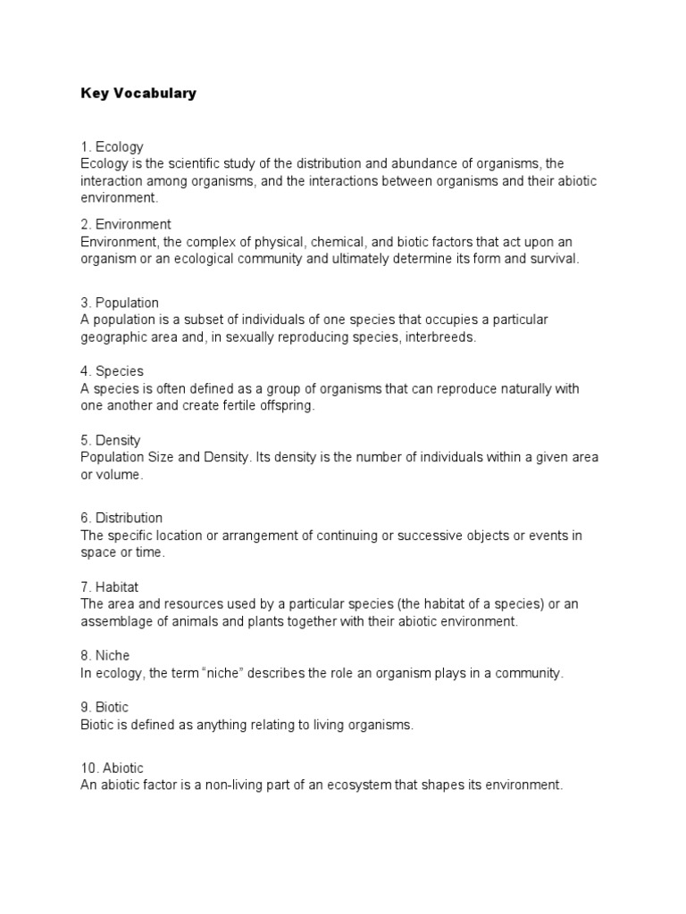 Biology Key Vocabulary | PDF | Ecological Niche | Ecosystem