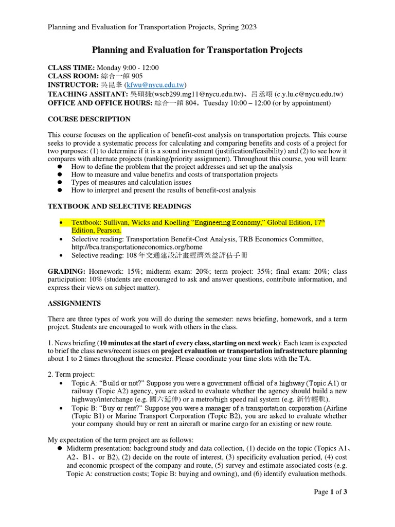 NYCU Project Evaluation Syllabus 2023 Spring | PDF | Cost–Benefit Analysis | Evaluation
