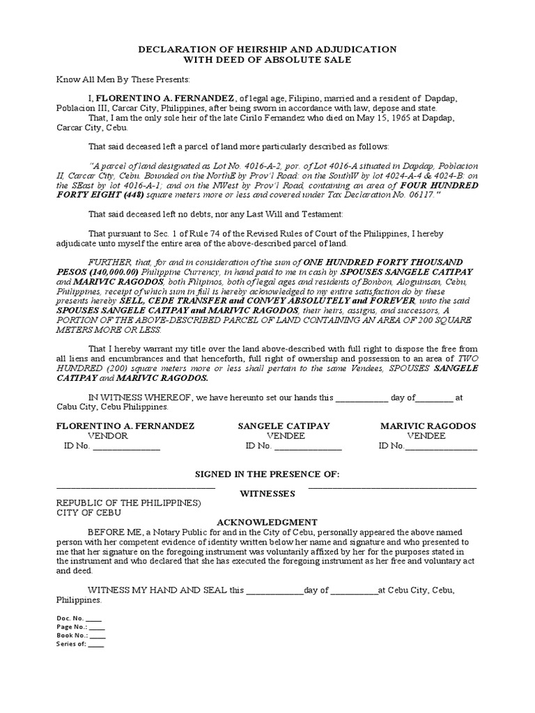 Declaration of Heirship and Adjudication | PDF | Civil Law (Legal ...