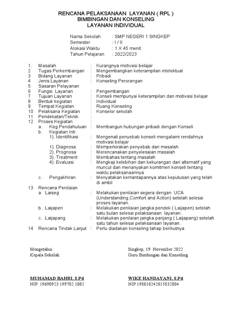 Rencana Pelaksanaan Layanan (RPL) Bimbingan Dan Konseling Layanan Individual | PDF