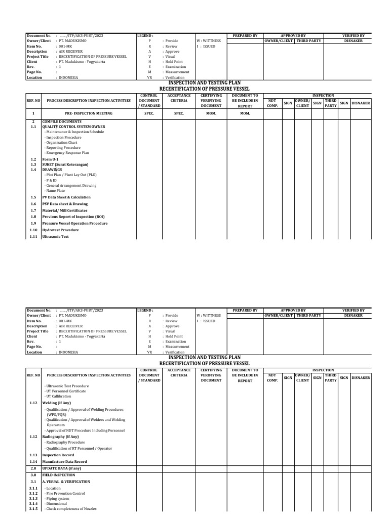 Form ITP Bejana Tekan & Tangki Timbun | PDF | Nondestructive Testing ...