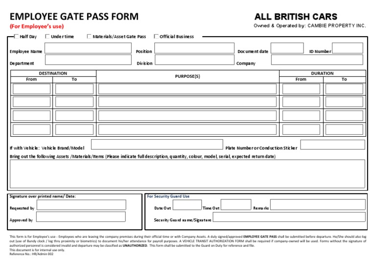 Employee Gate Pass Form Template | PDF | Government