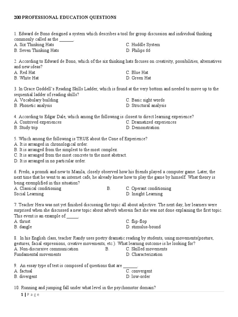 200 Professional Education Questions | Download Free PDF | Teachers ...
