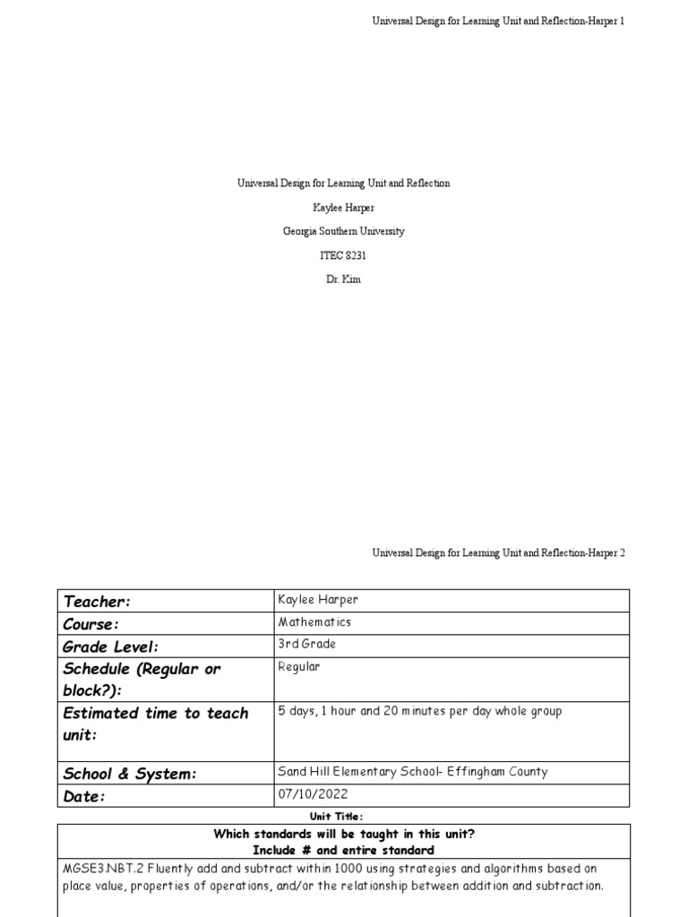 Harper Udl Unit Plan | PDF | Teachers | Lesson Plan