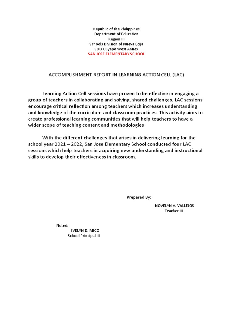 LAC Accomplishment Report 2021-2022 | PDF | Learning | Teachers