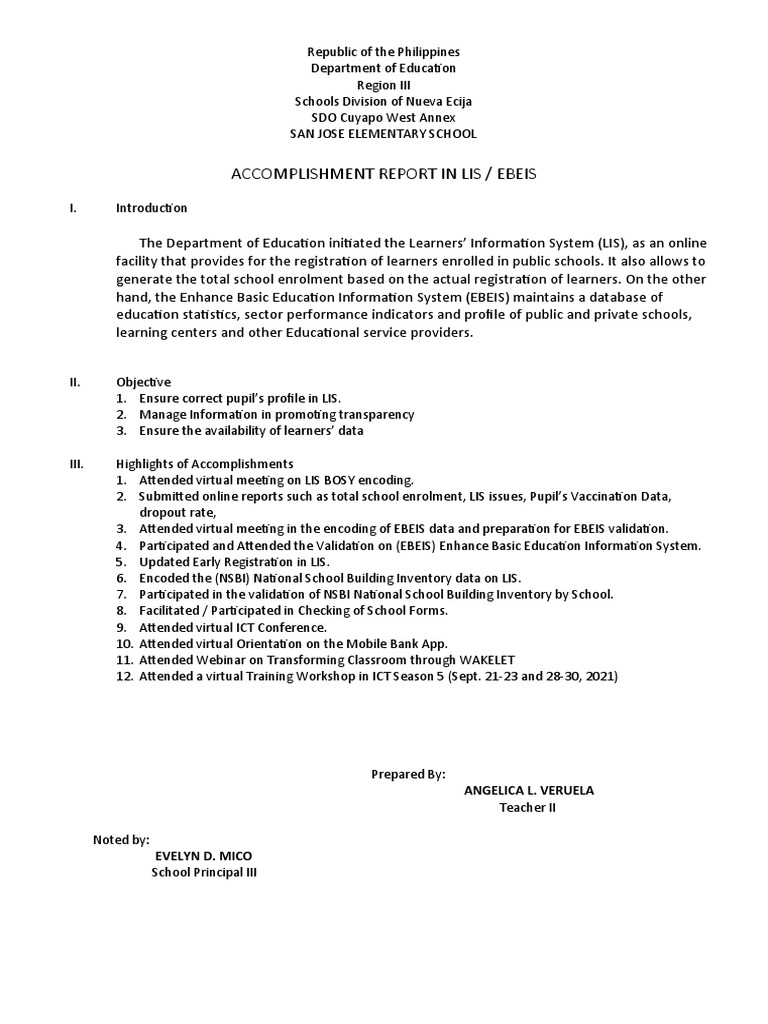 San Jose Elementary School Accomplishments | PDF | Educational ...