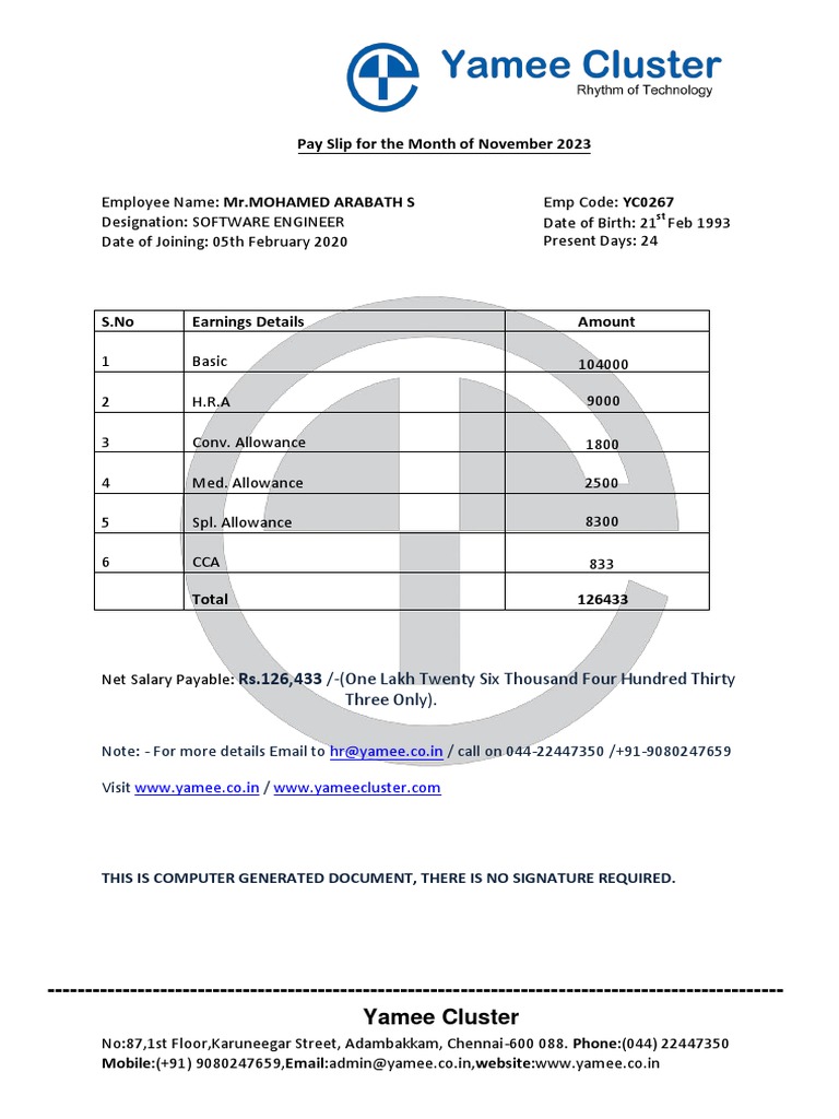 November 2023 Pay Slip for Software Engineer | PDF