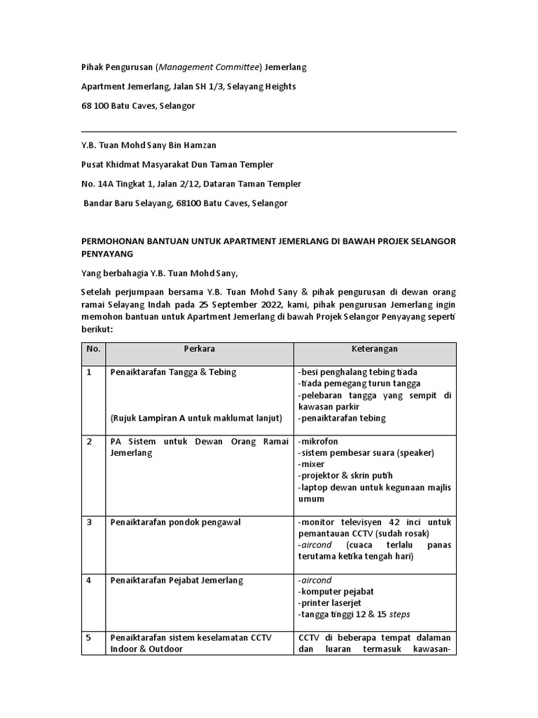 Surat Bantuan Kepada YB Untuk Projek Selangor Penyayang | PDF