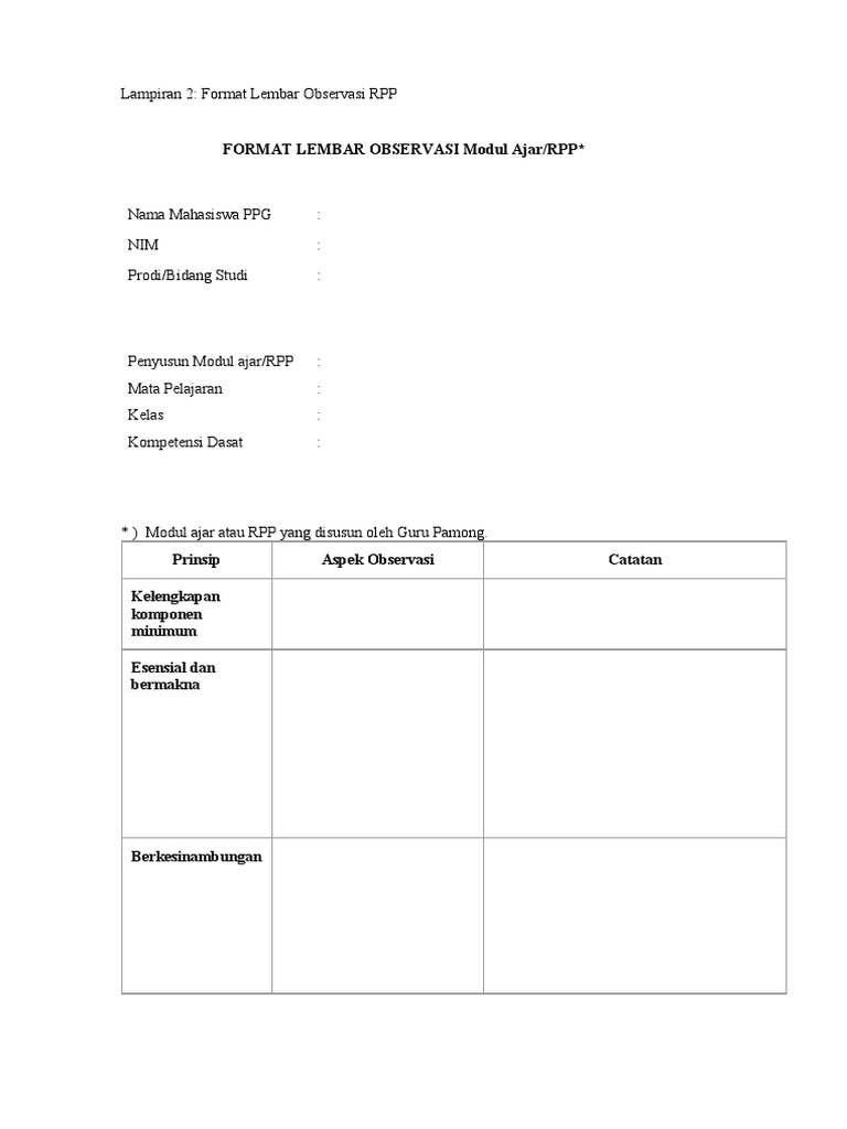 Format Observasi RPP untuk PPG | PDF