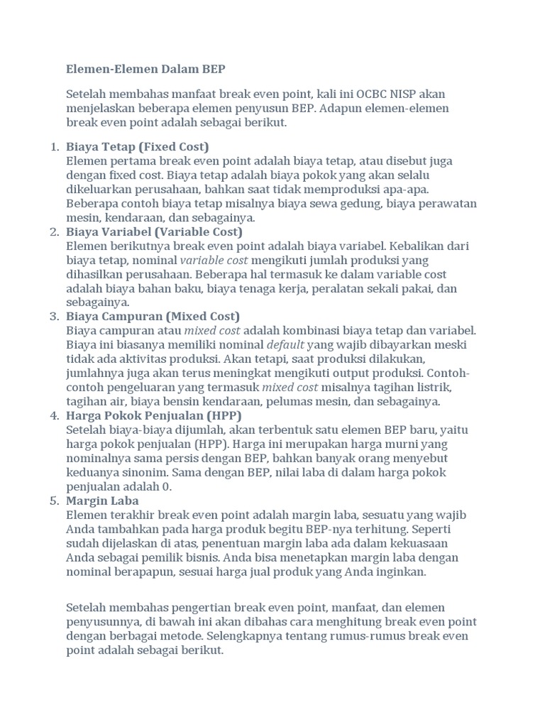 Elemen dan Perhitungan BEP dalam Bisnis | PDF | Bisnis