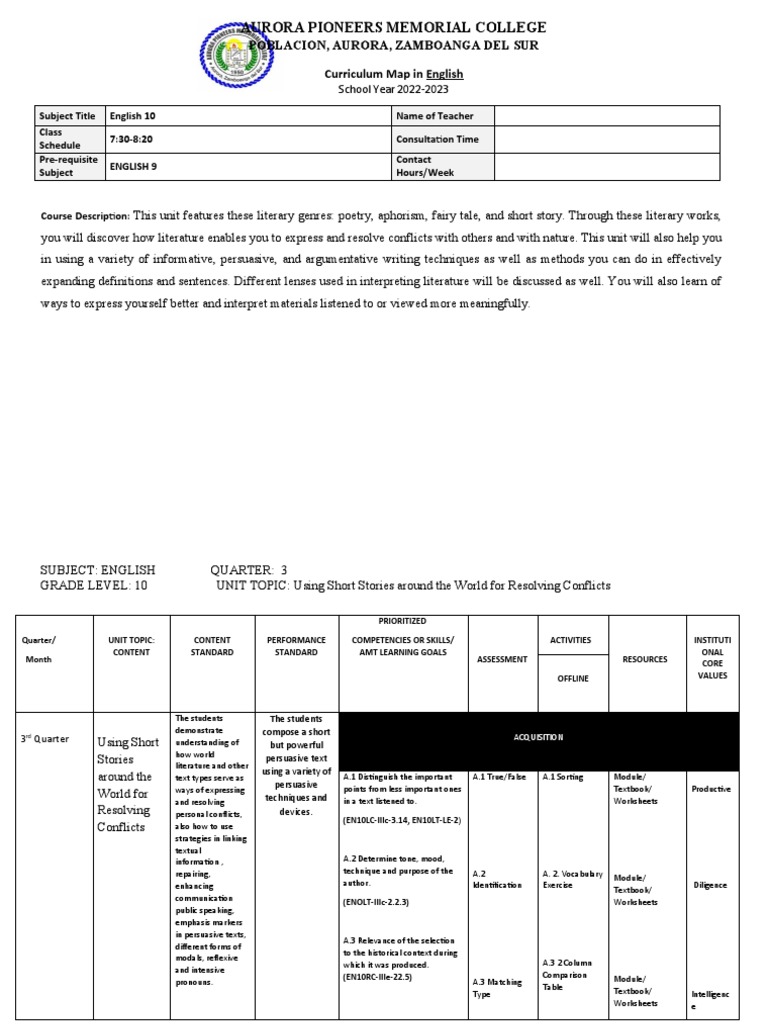 English 10 Curriculum Map 2022-2023 | PDF | Curriculum | Learning