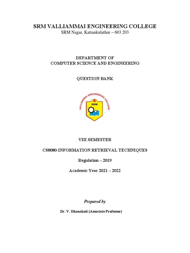 Question Bank on Information Retrieval Techniques for the Eighth Semester Computer Science and ...