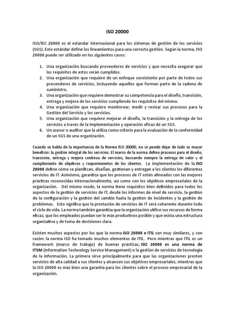 Resumen Iso 20000 | PDF | Itil | It Service Management