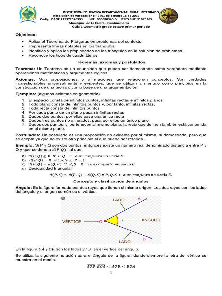 Guía 1 Geometría Octavo Primer Periodo | PDF | Triángulo | Ángulo