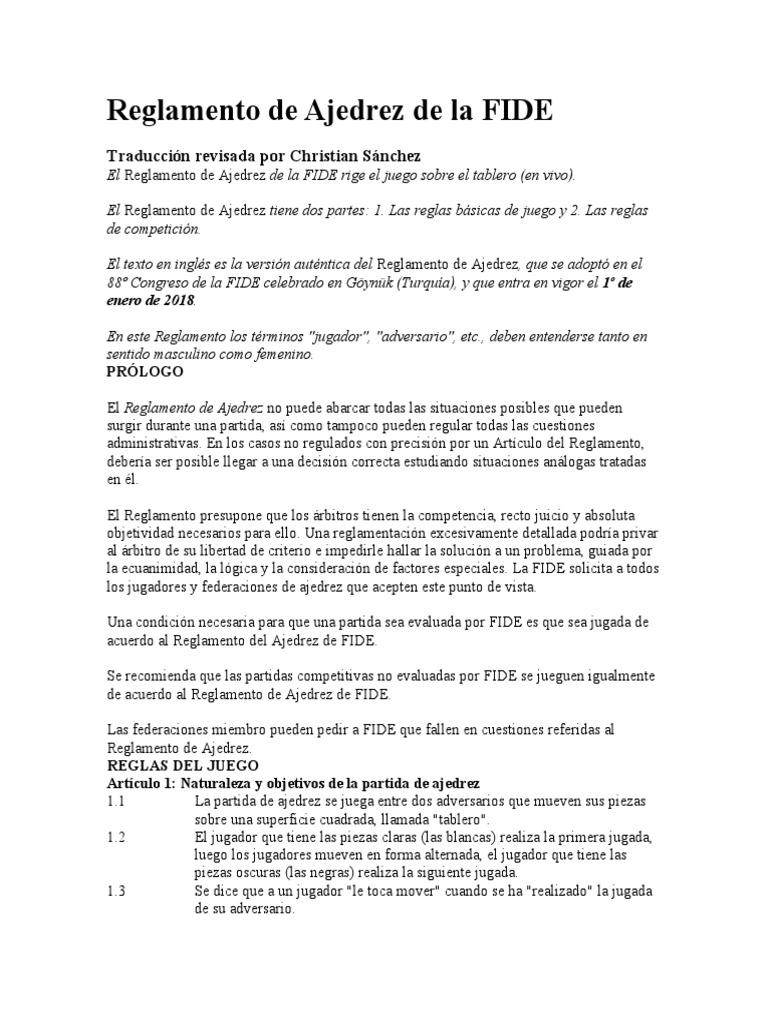 Reglamento de Ajedrez de la FIDE | PDF | Ajedrez | Teoría de juego