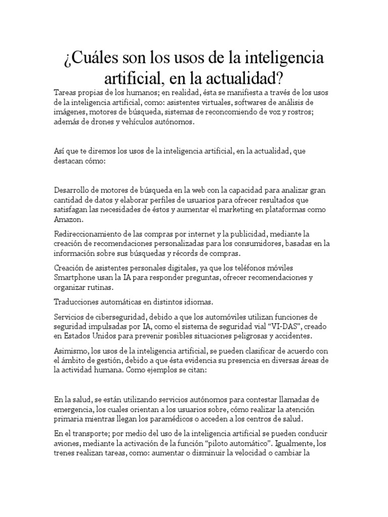 Cuáles Son Los Usos de La Inteligencia Artificial | Descargar gratis PDF | Inteligencia ...