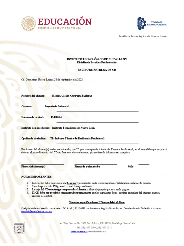 Recibo entrega CD examen profesional ITNL | PDF