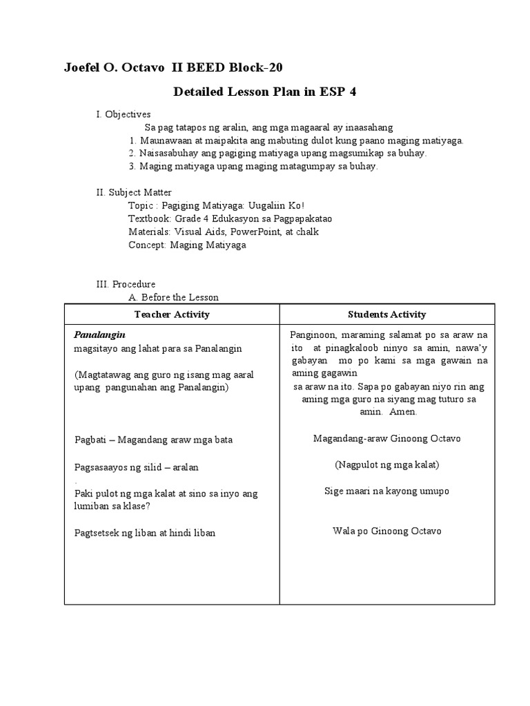 DEATILED LESSON PLAN in ESP | PDF