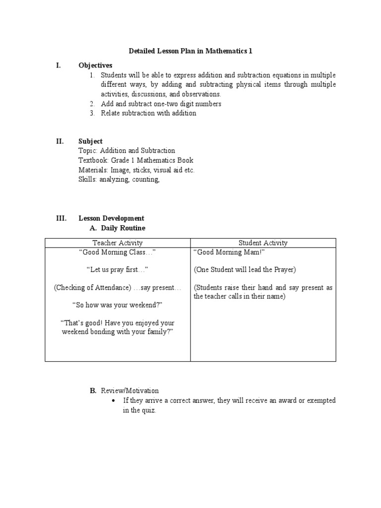 Detailed Lesson Plan in Mathemathics 1 | PDF | Subtraction | Elementary ...