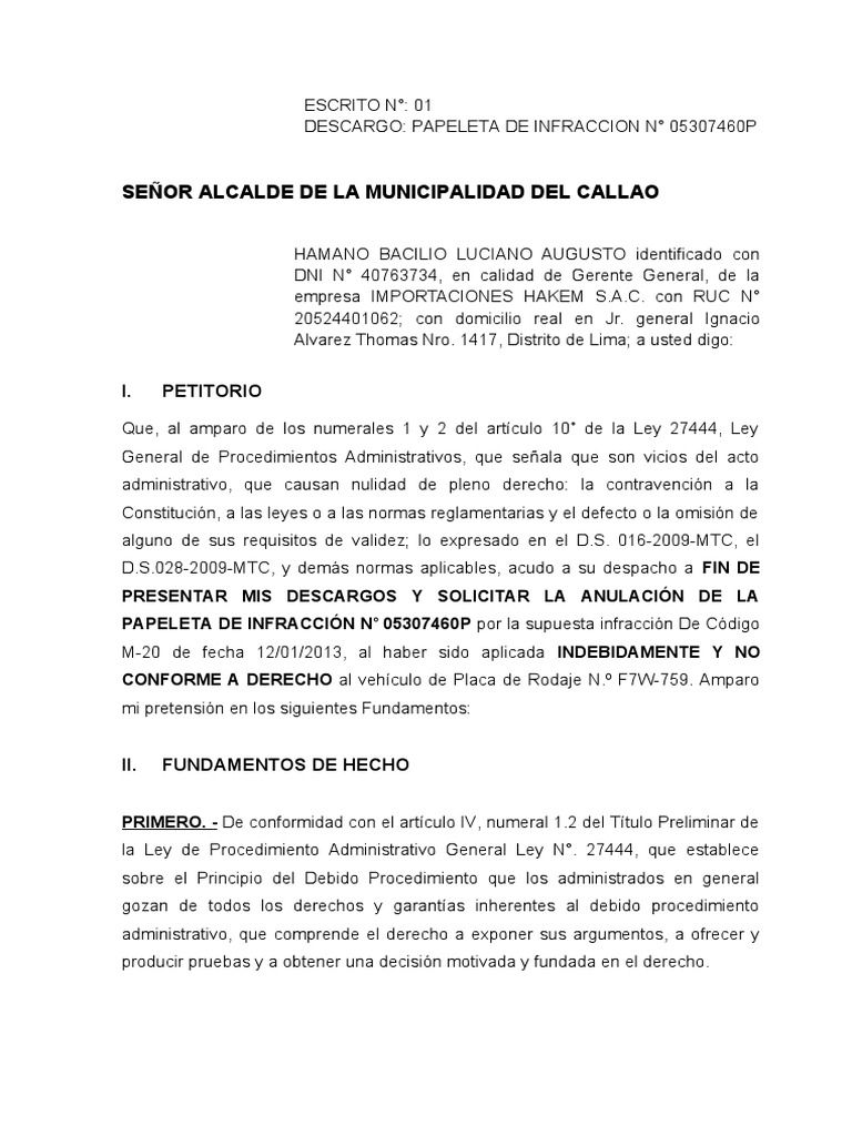 ESCRITO - Descargo de PAPELETA | PDF | Gobierno | Justicia