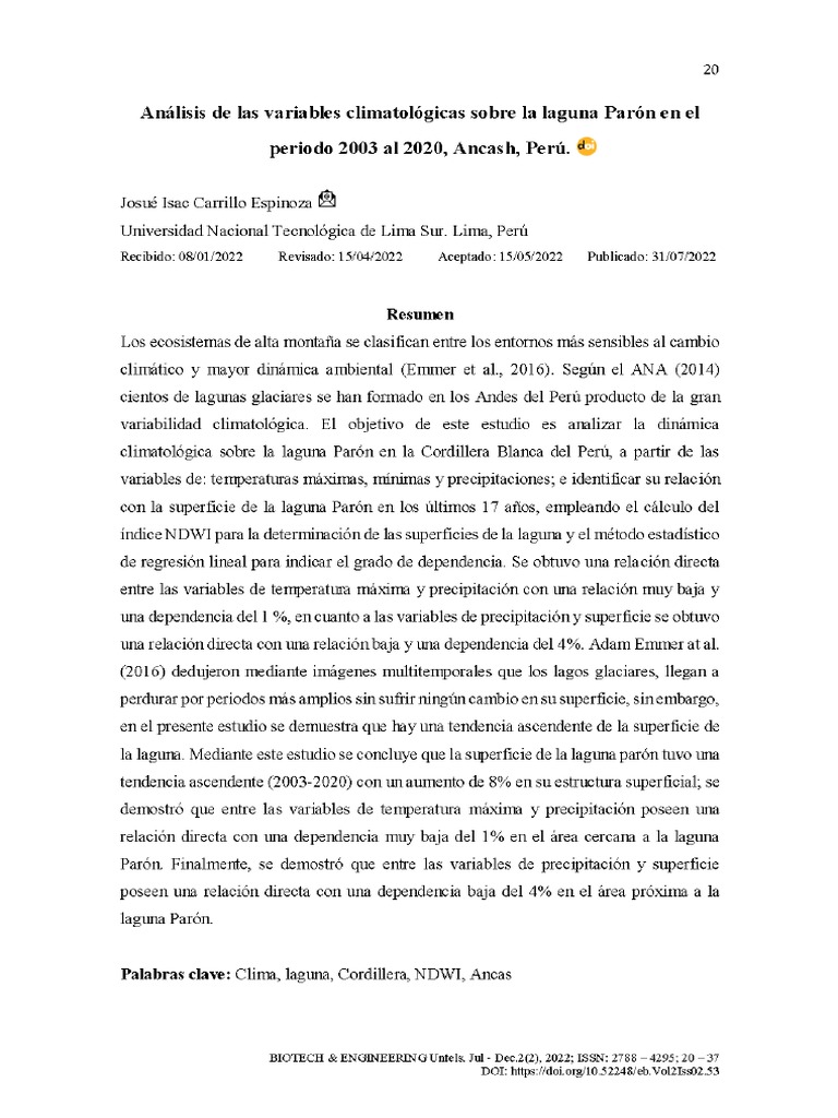 Vista de Análisis de las variables climatológicas sobre la laguna Parón en el periodo 2003 al ...