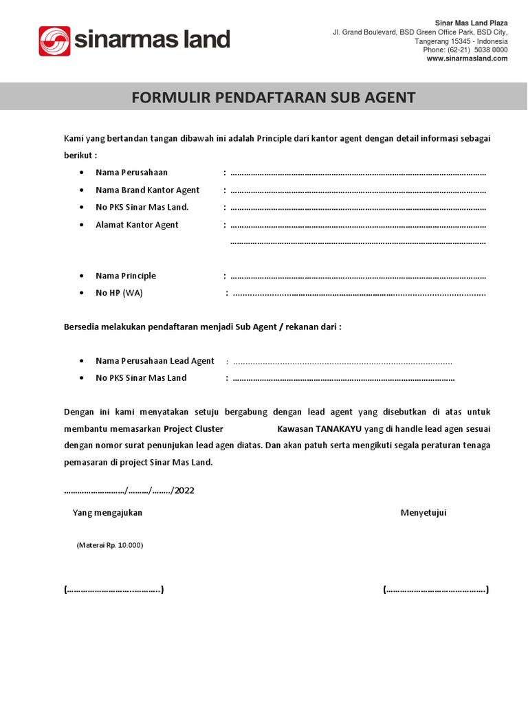 Formulir Pendaftaran Sub Agent Sinar Mas | PDF