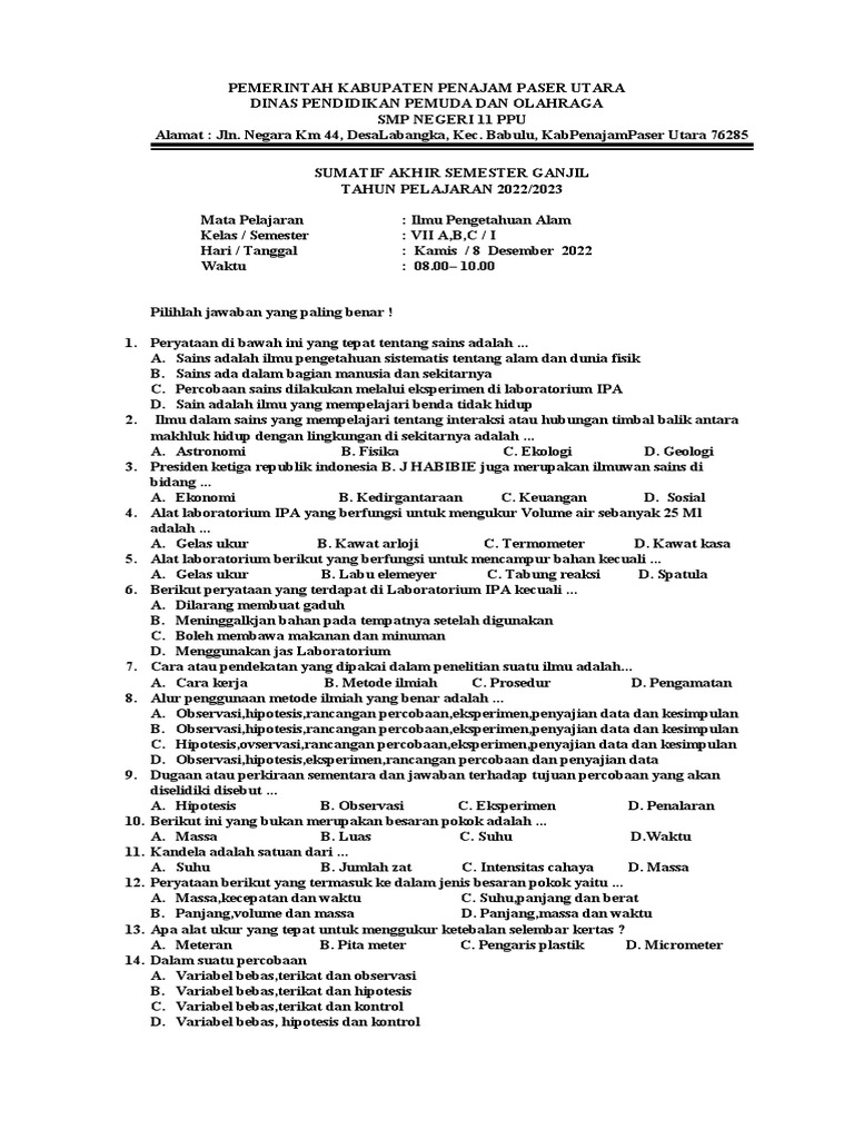 Soal Sas Ganjil Ipa Vii A, B, C 2022 | PDF