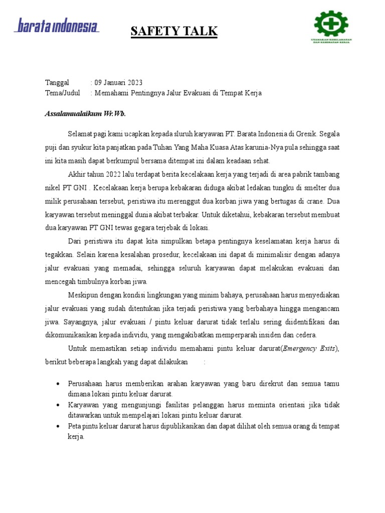 Safety Talk 09 Januari - Memahami Pentingnya Jalur Evakuasi Di Tempat ...