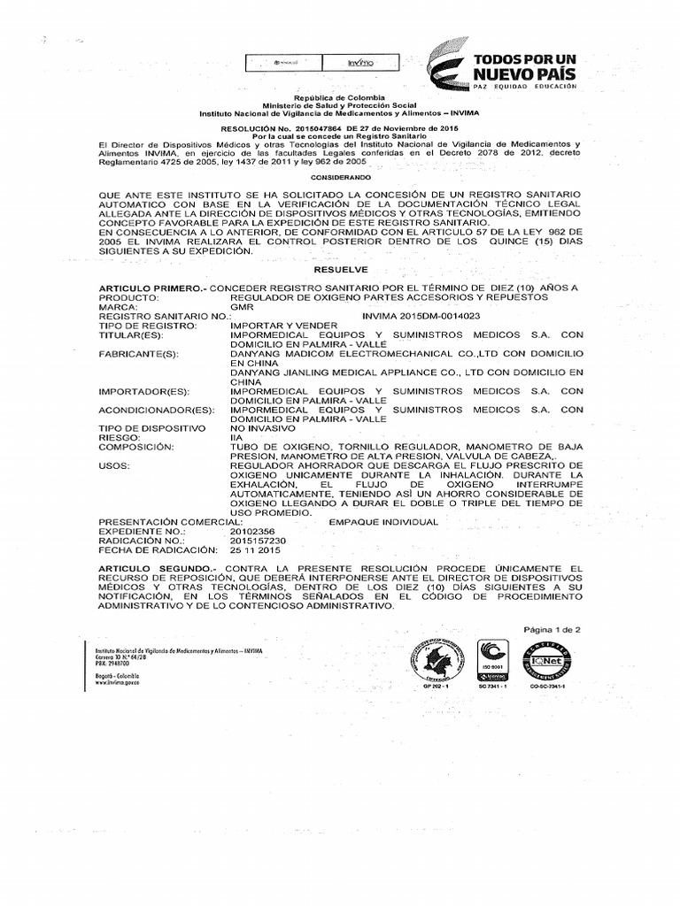 INVIMA 2015DM-0014023 - Regulador | PDF