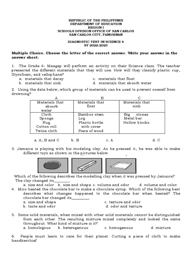 Diagnostic-Test Grade-4 Science | PDF | Shadow | Waste Management