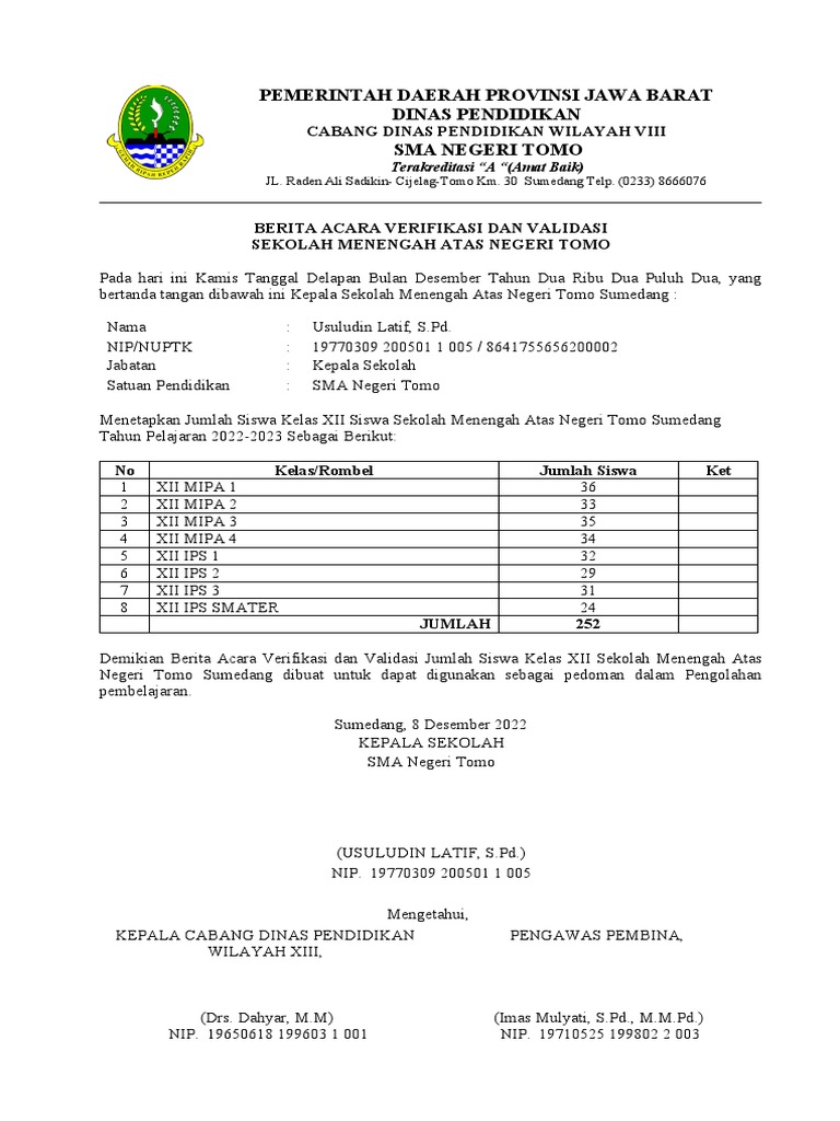 Verifikasi Siswa Kelas XII SMA Tomo | PDF