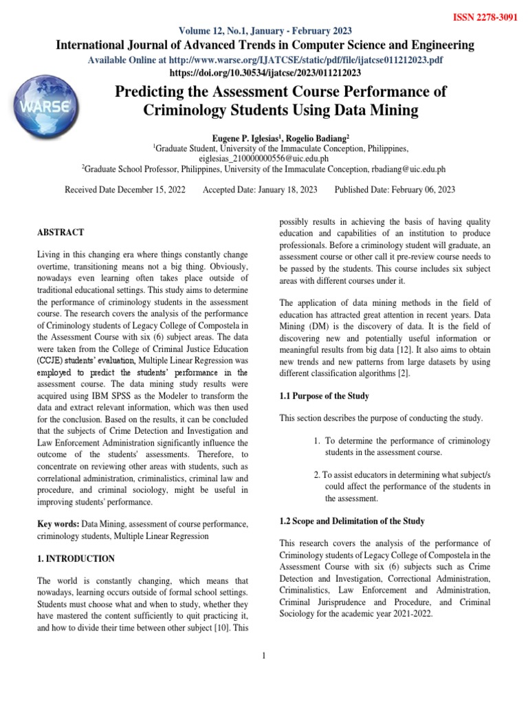 Predicting The Assessment Course Performance of Criminology Students Using Data Mining | PDF ...