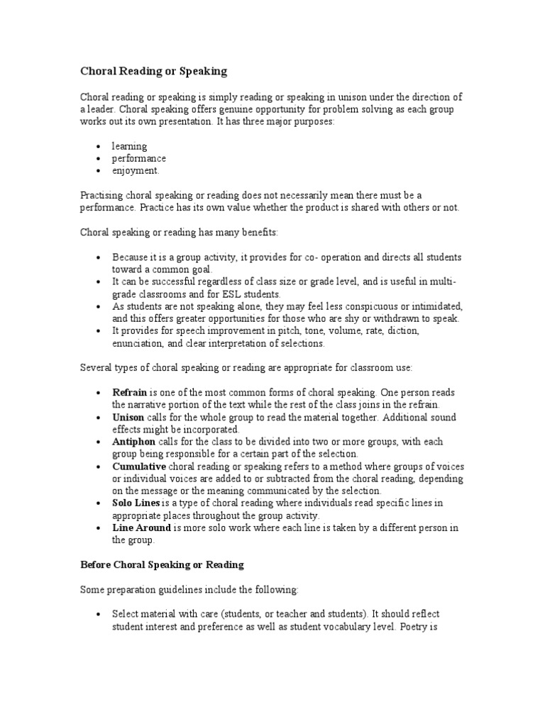 Choral Reading or Speaking | PDF | Reading (Process) | Poetry