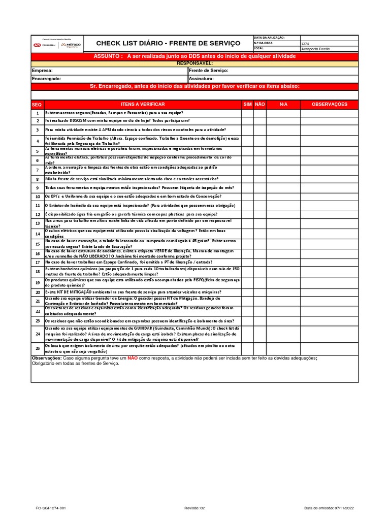 Fo-Sgi-1274-001 - 02 - Check List Frente de Serviço | PDF | Desperdício