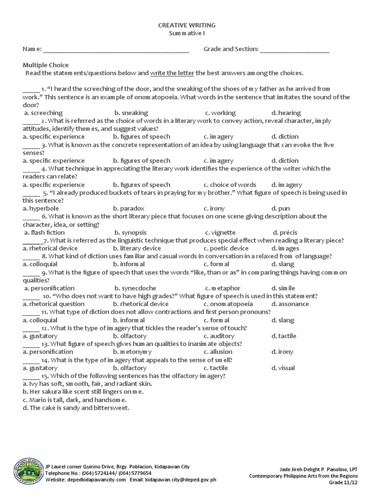 CREATIVE WRITING SUMMATIVE Q 1-2 | PDF | Poetry | Rhyme