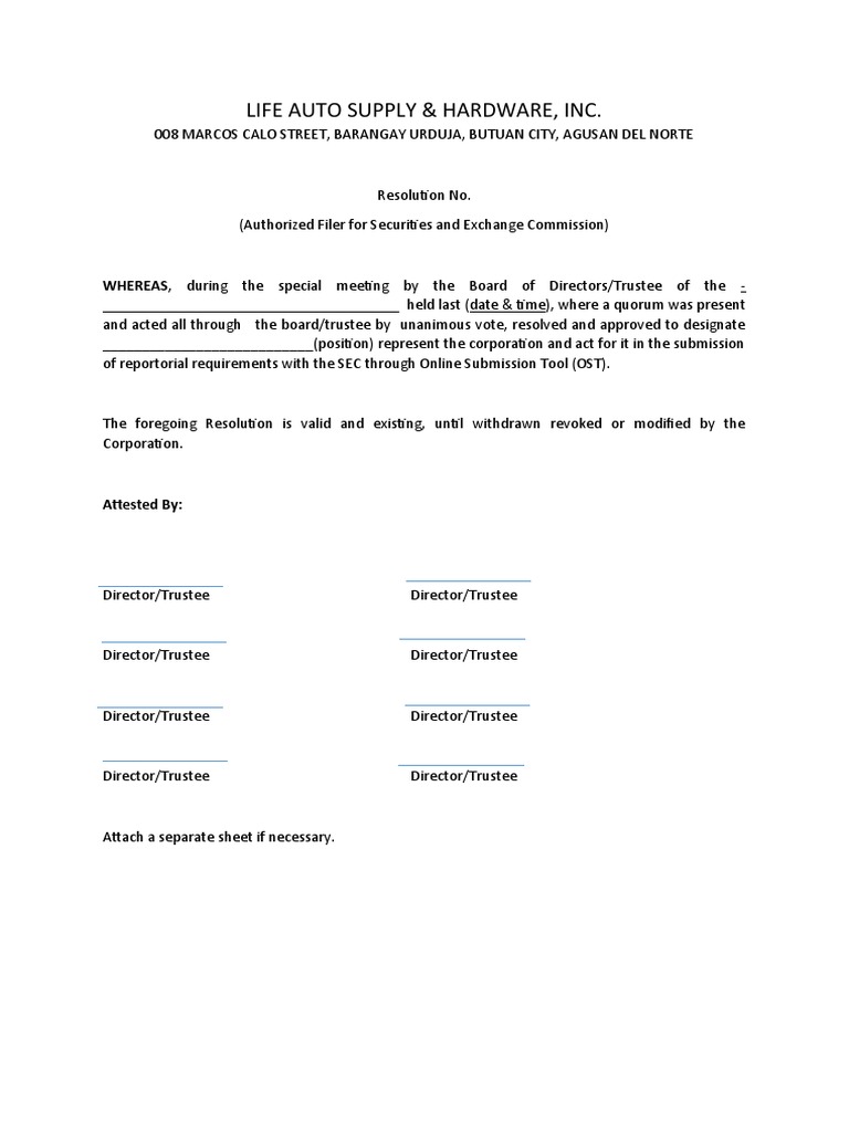Board Resolution For SEC Filer | PDF