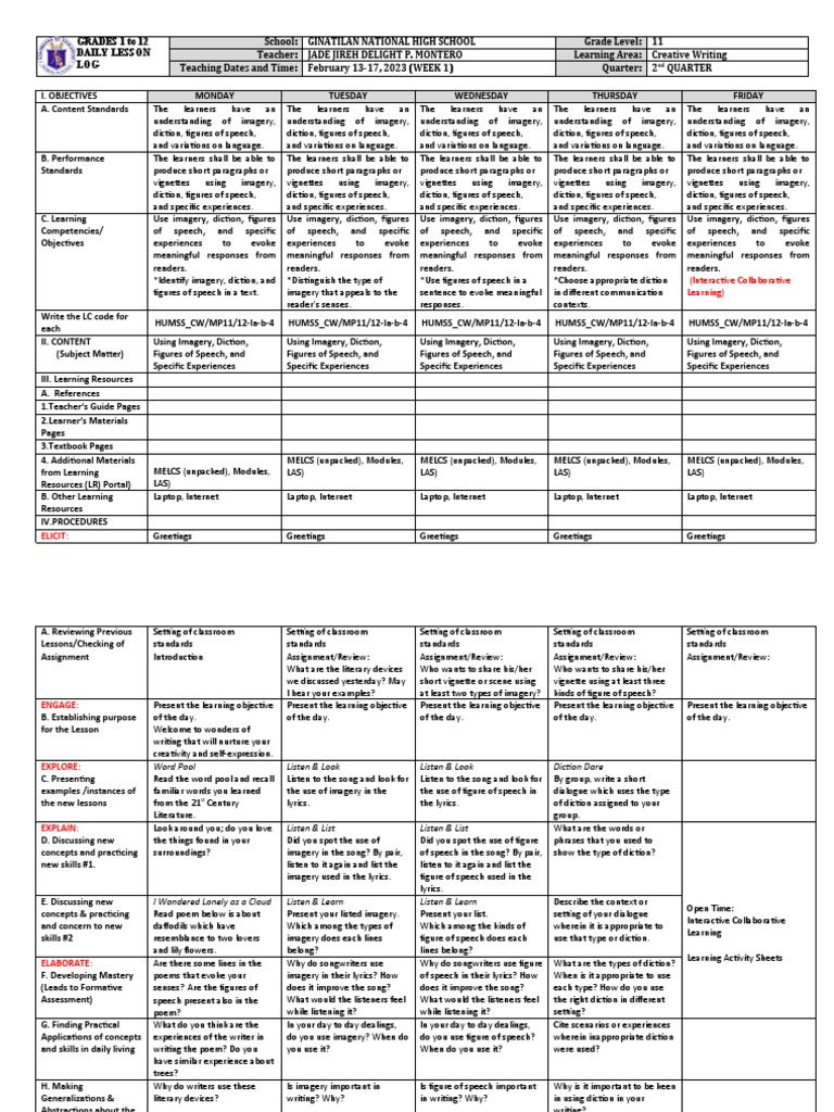 DLL-Creative Writing-Q1-W1 | PDF | Experience | Learning