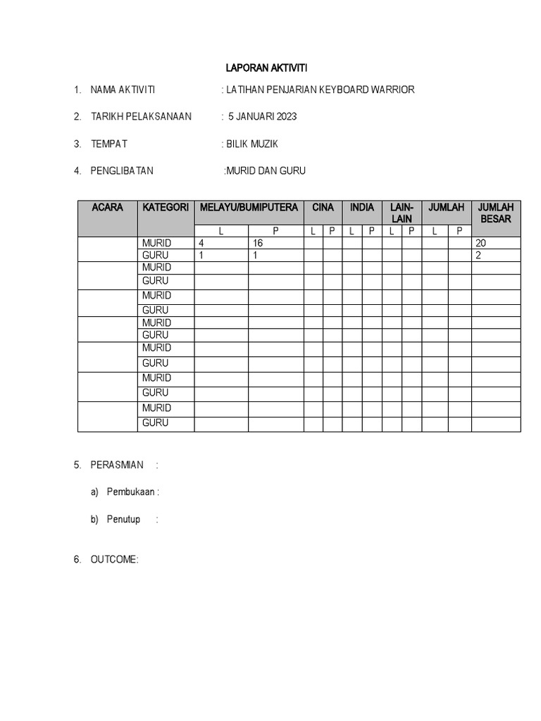 Format Laporan Aktiviti Kokurikulum - SKBBS | PDF