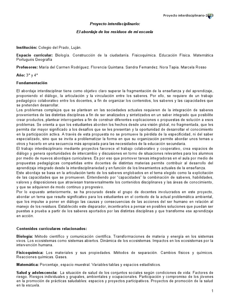 Proyecto El Abordaje de Los Residuos de Mi Escuela 2023 | PDF | Residuos | Vertedero