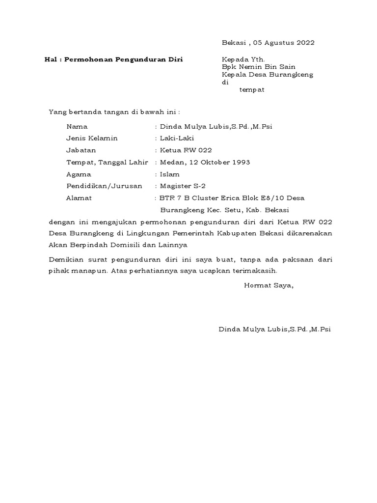 Format Surat Pengunduran Diri | PDF