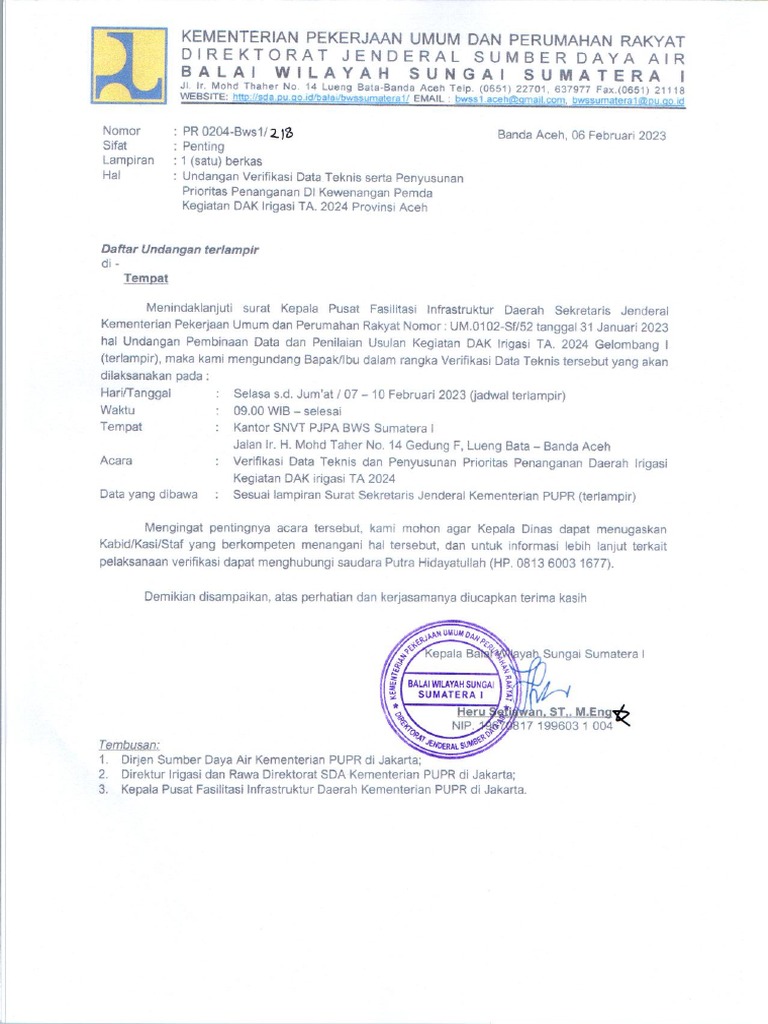 Surat Und Verifikasi Data Teknis Kegiatan DAK TA 2024 BWSSI | PDF | Teknologi & Rekayasa