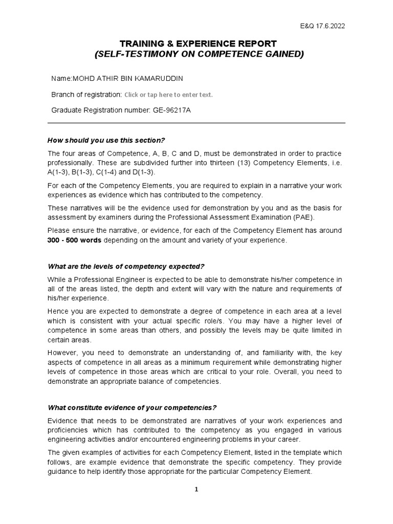 Training & Experience Report (Outcome-Based PAE) | PDF | Competence ...