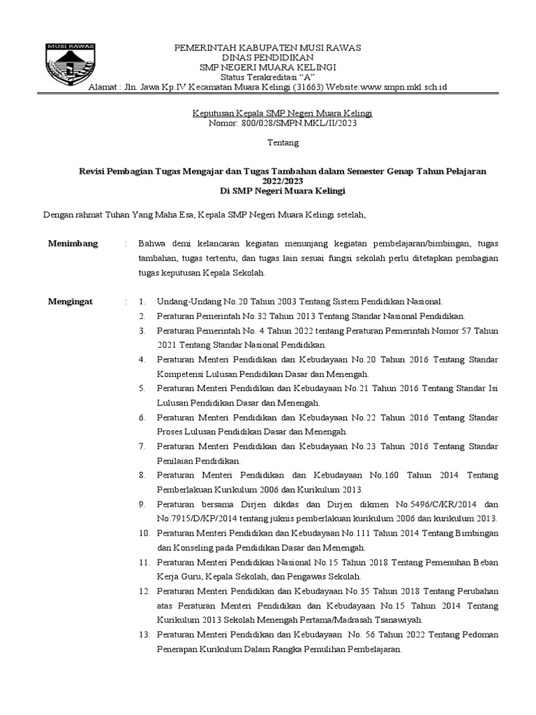 SK Pembagian Tugas Genap 22-23 | PDF