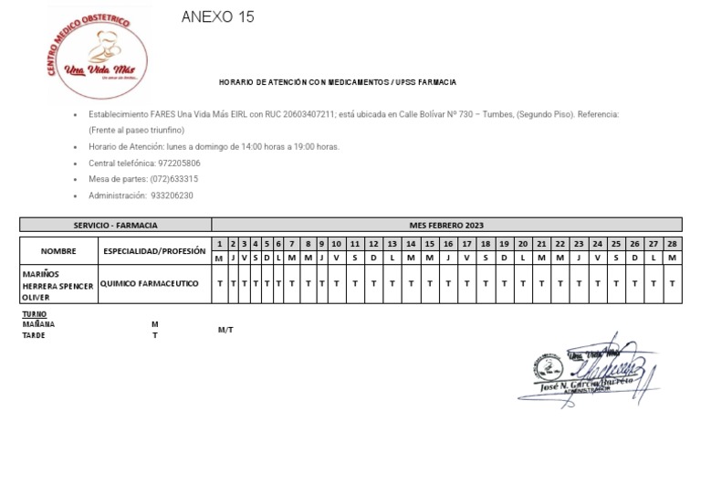 Anexo (15) Horario de Atención Con Medicamentos | PDF