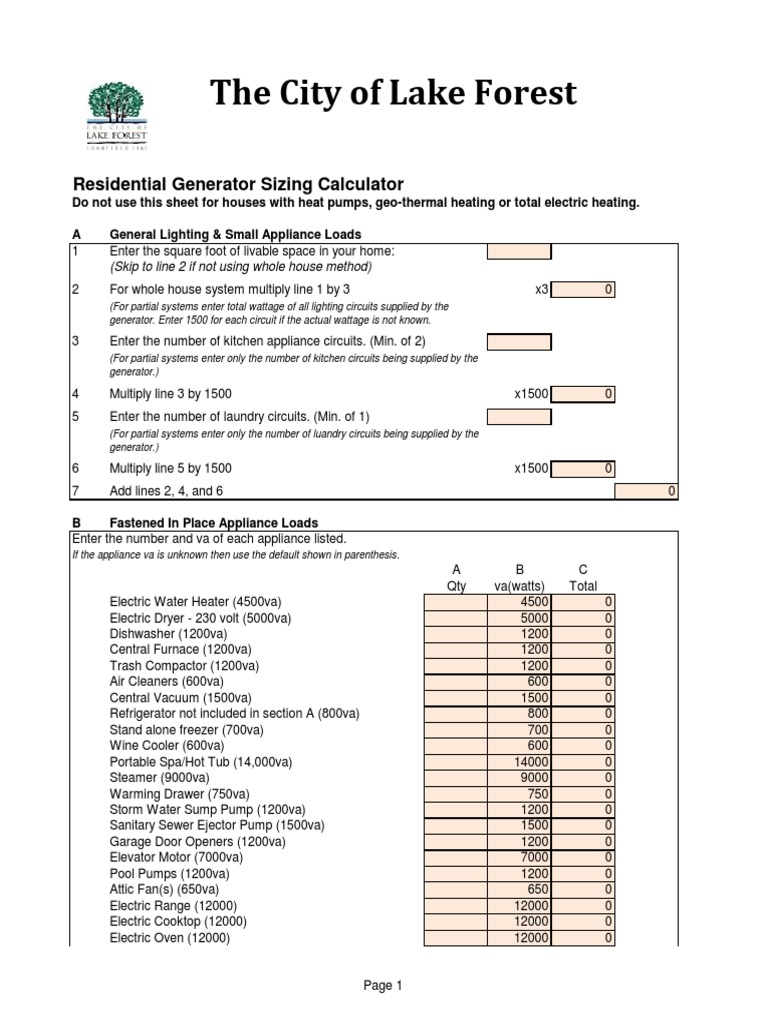 Generator Sizing Calculator | PDF | Electric Power | Air Conditioning